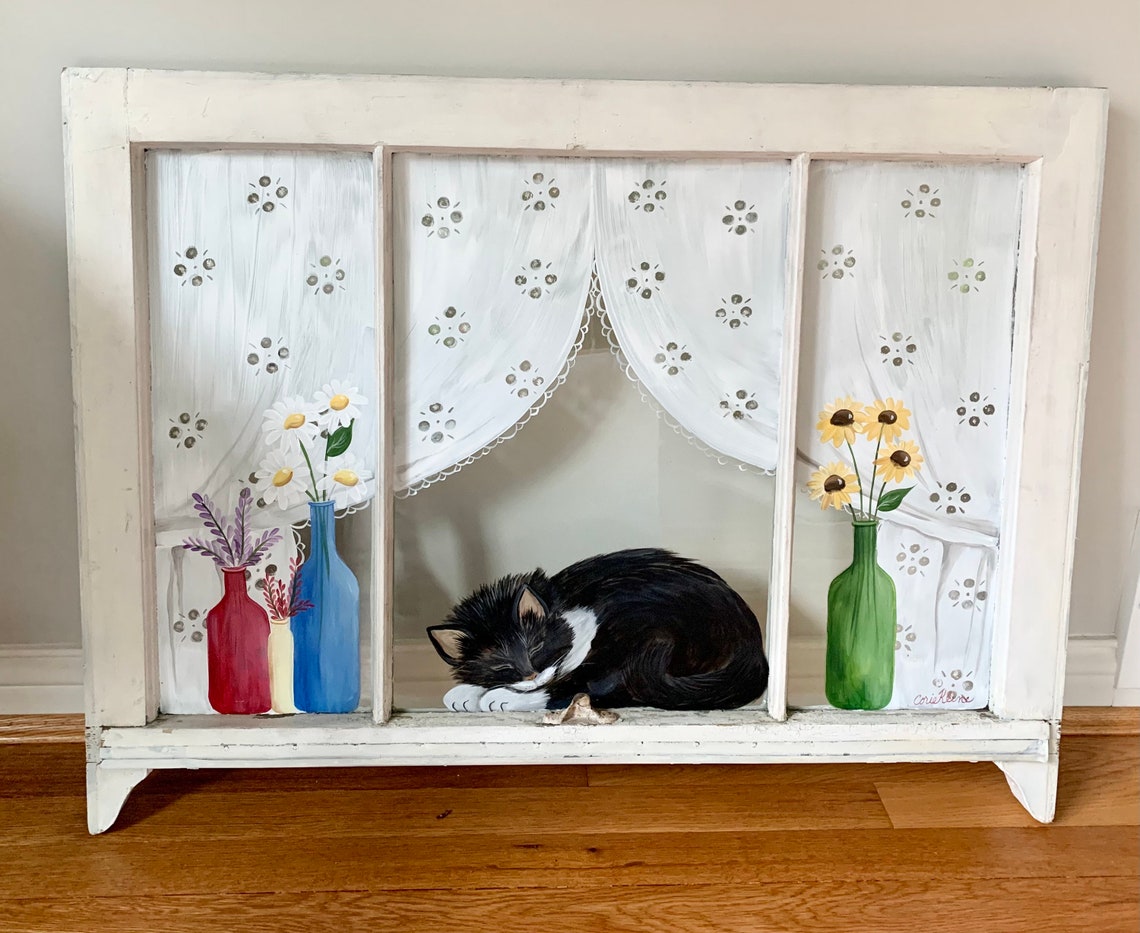 Painted Cat Window Old Painted Window Sleeping Cat in a | Etsy