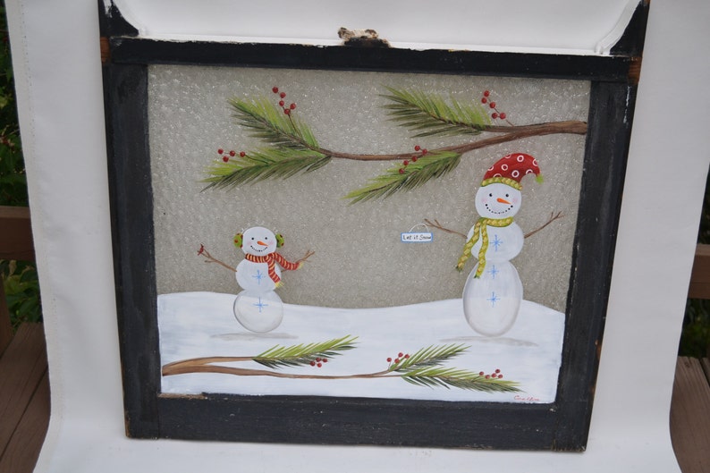 Snowman Window, Old Painted Window, Snowman Art, Christmas Window ...