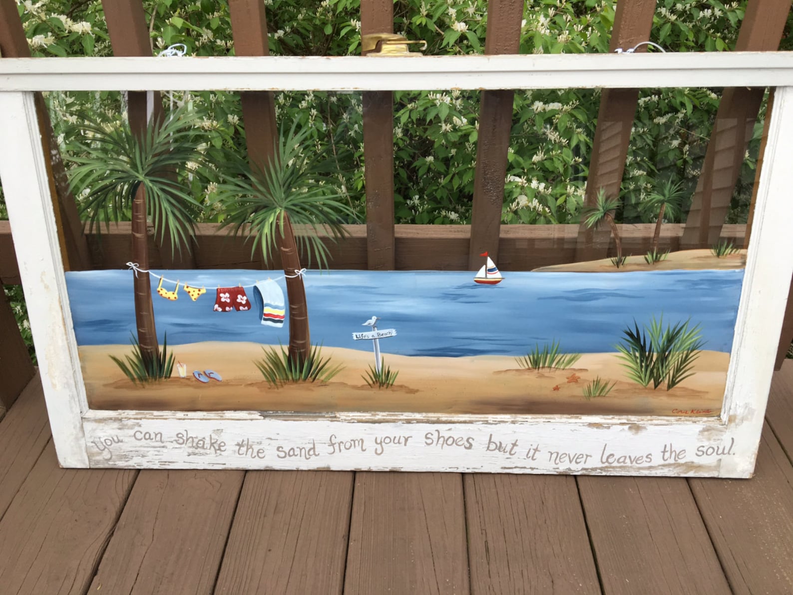 Painted Beach Window, Beach Scene Window, Old Window Art, Ocean View ...