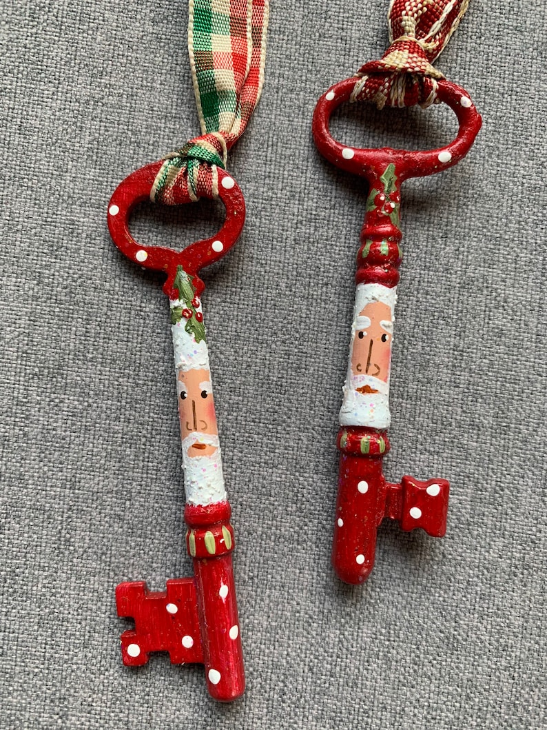 Santa Key, Santa Ornament, Old Skeleton Key Ornament, Painted Santa Key ...