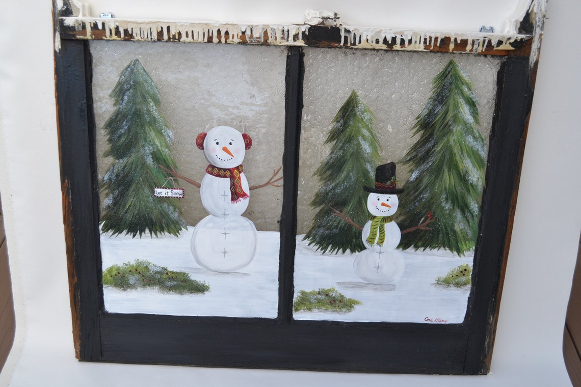 Snowman Window Old Painted Window Snowman Art Christmas | Etsy