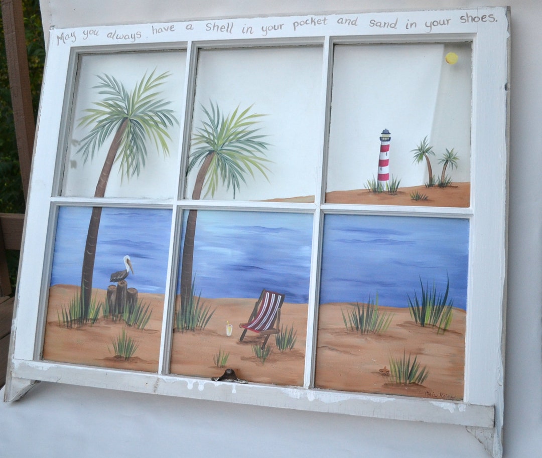 Painted Beach Window, Beach Scene Window, Old Window Art, Ocean View ...