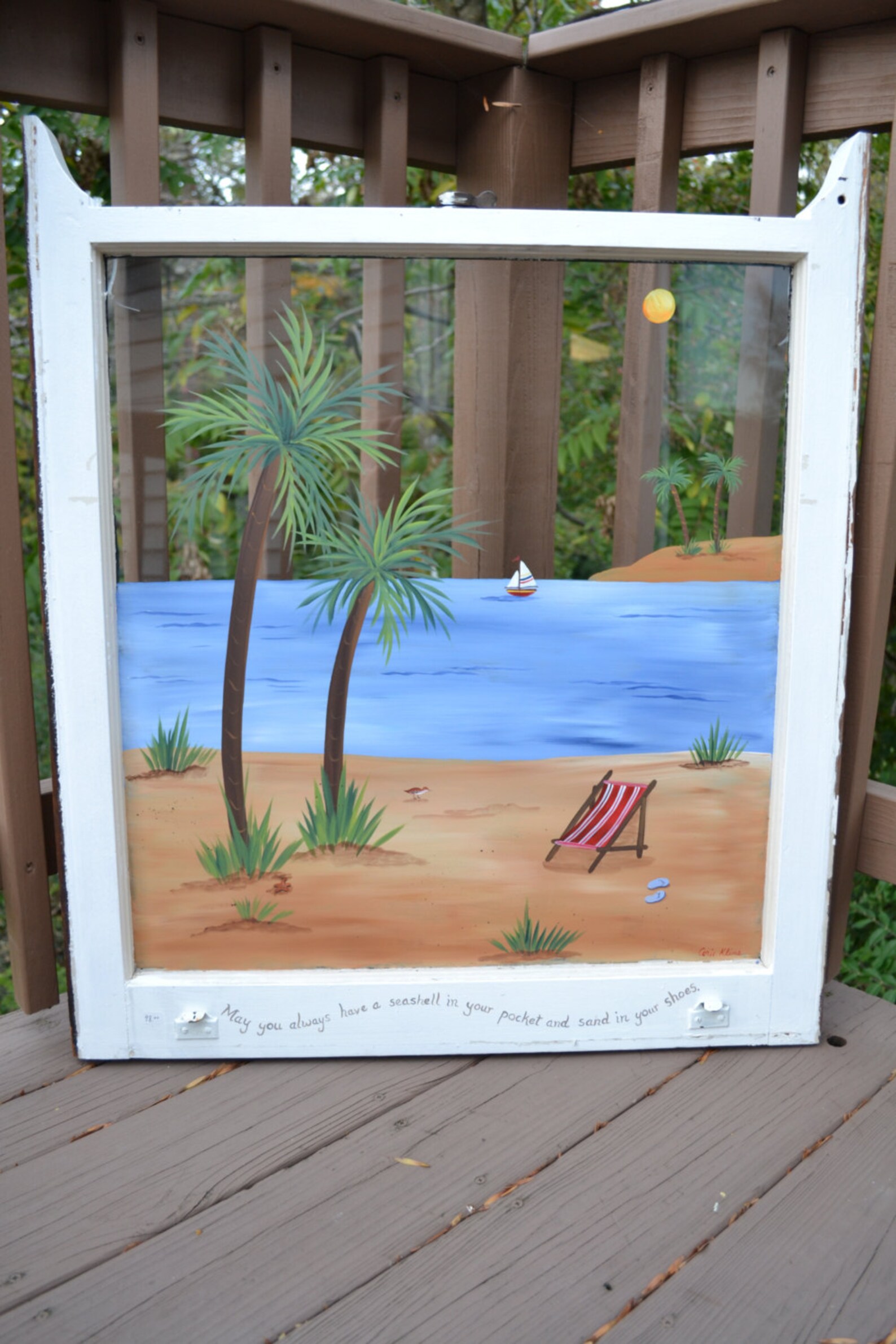Painted Beach Window, Beach Scene Window, Old Window Art, Ocean View ...