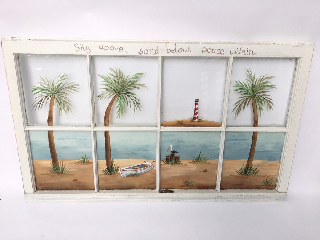 Beach Scene Window, Beach Painted Window, Old Window Art, Coastal ...