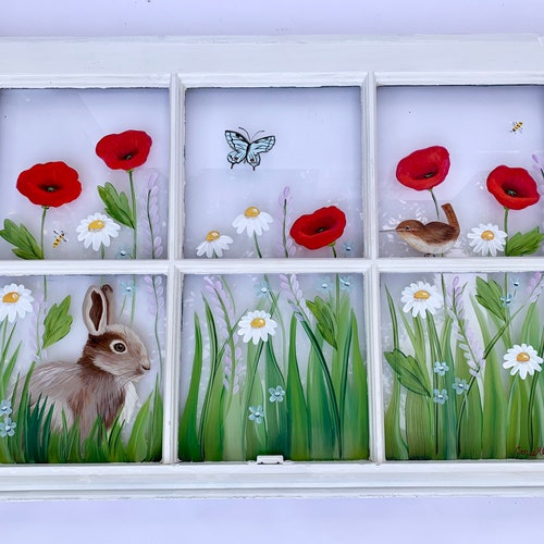 Painted Bunny Window With Red Poppies Bunny Window Art - Etsy