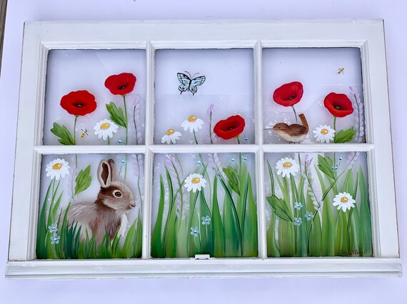 Painted Bunny Window With Red Poppies Bunny Window Art | Etsy