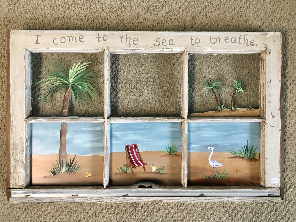 Painted Beach Window, Beach Scene Window, Old Window Art, Ocean View ...