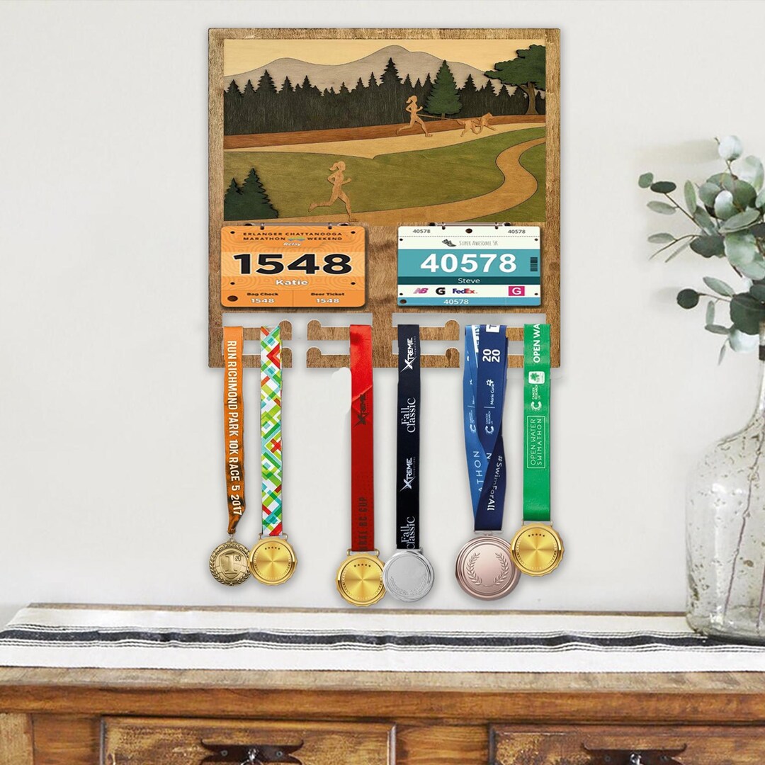 Wooden Running Medal Display Stand Personalized Race Bib Holder With ...