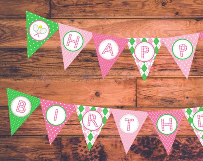 INSTANT DOWNLOAD: Preppy Tennis Themed Birthday Banner happy Birthday ...