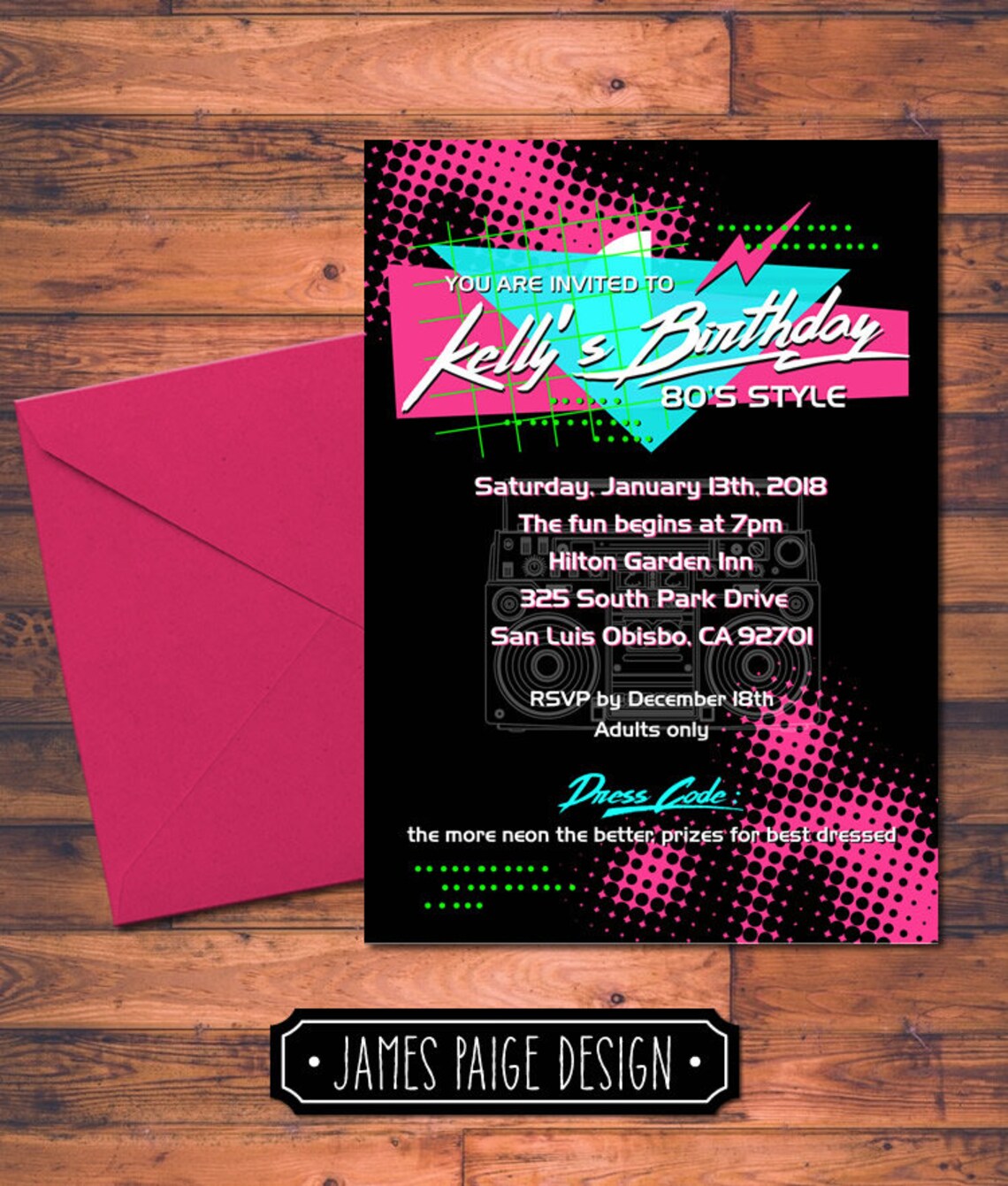 80s Neon Birthday Invitation Digital Design 5x7 - Etsy
