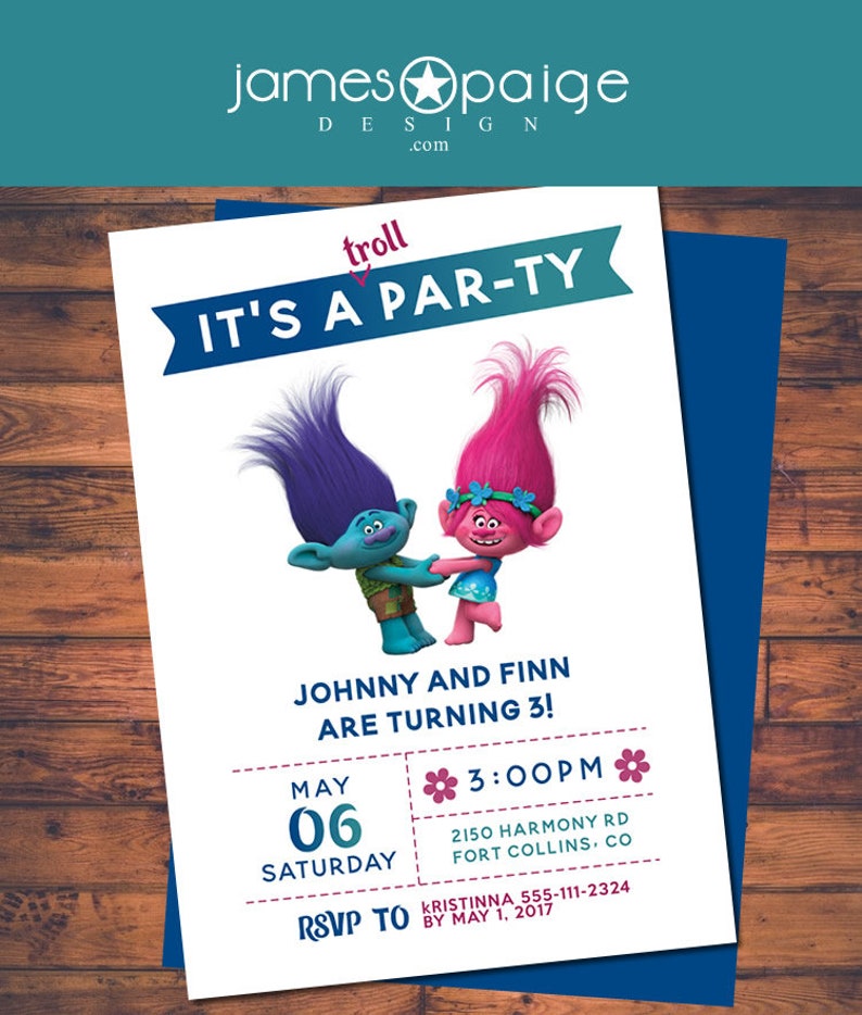 Troll Themed Birthday Invitation 4x6 or 5x7 Digital Design - Etsy