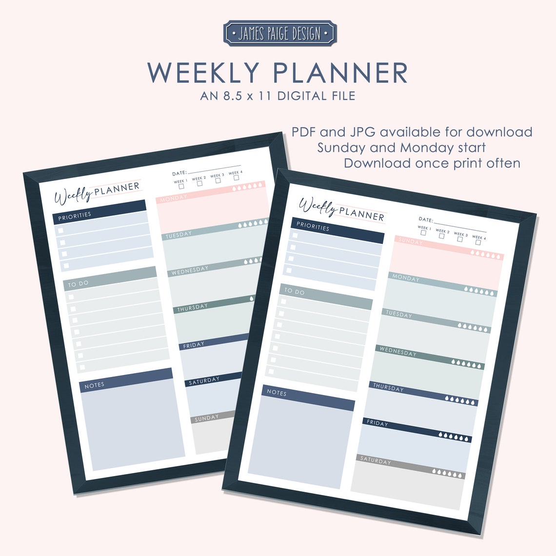 Downloadable 8.5x11 Weekly Planner and to Do List Undated - Etsy