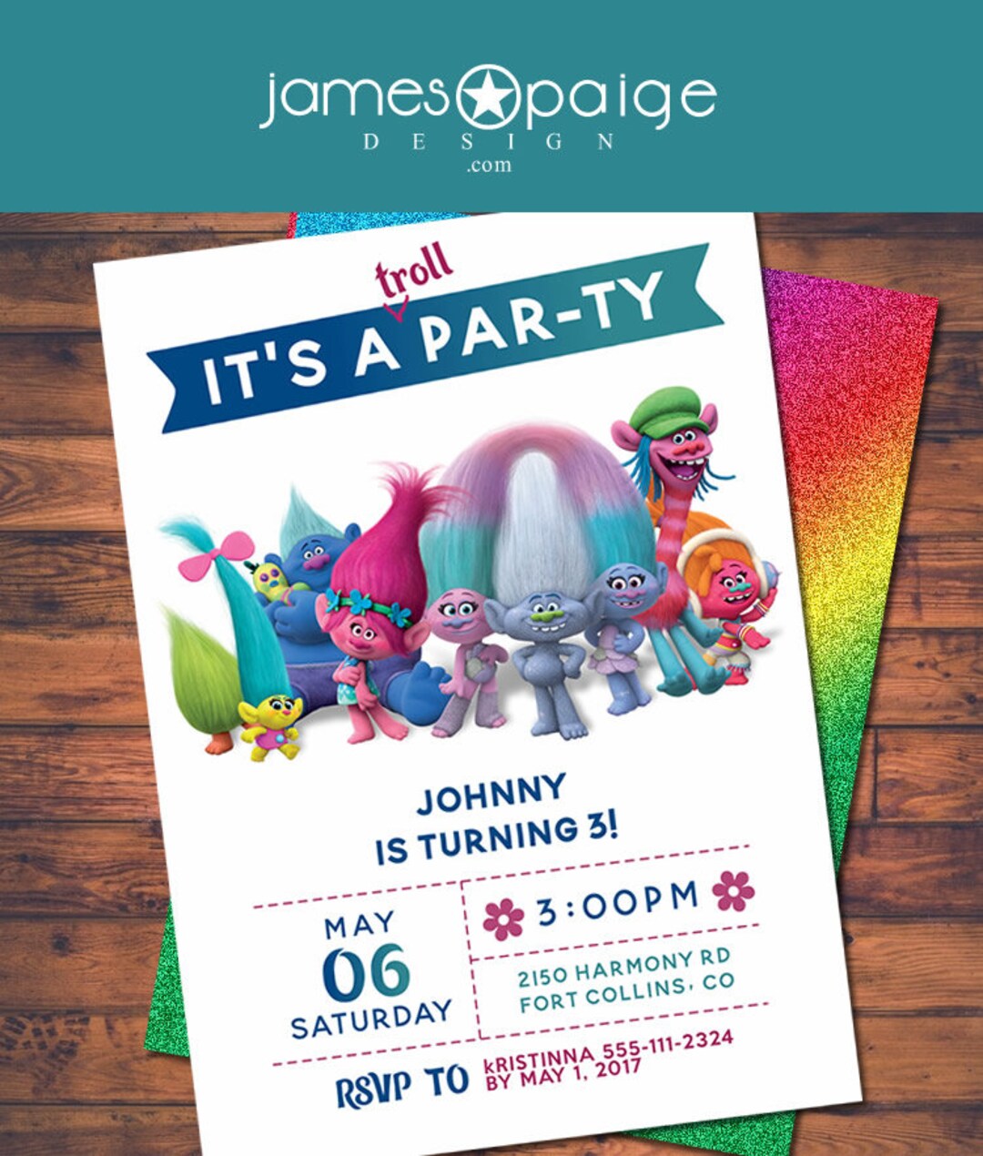 Troll Themed Birthday Invitation (4x6 or 5x7) Digital Design - Etsy