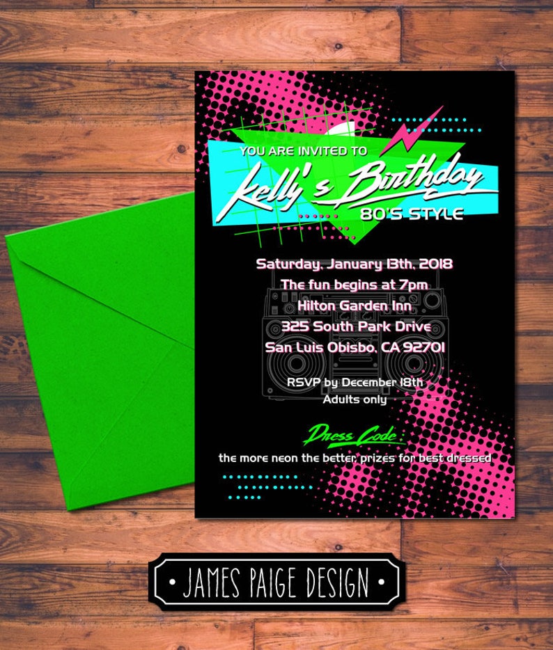 80s Neon Birthday Invitation Digital Design 5x7 | Etsy