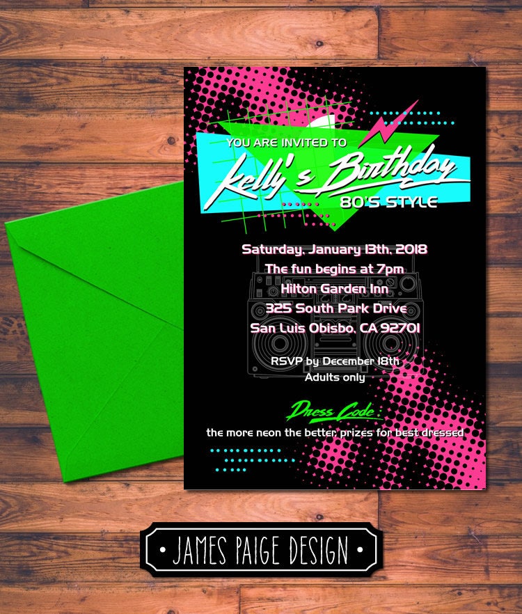 80s Neon Birthday Invitation Digital Design 5x7 - Etsy