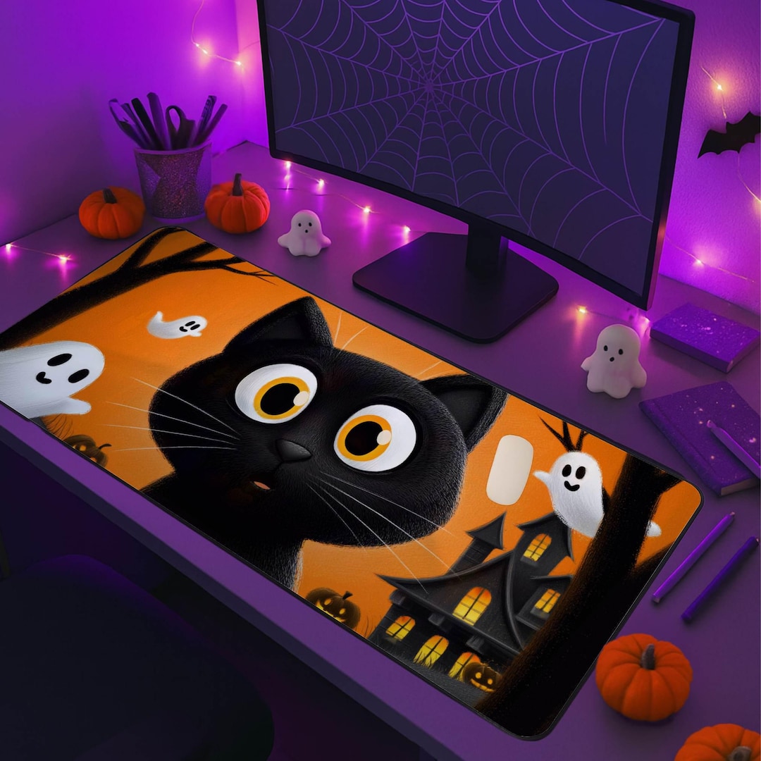 Cute Halloween Desk Mat Black Cat With Ghosts Mouse Pad XL, Large ...