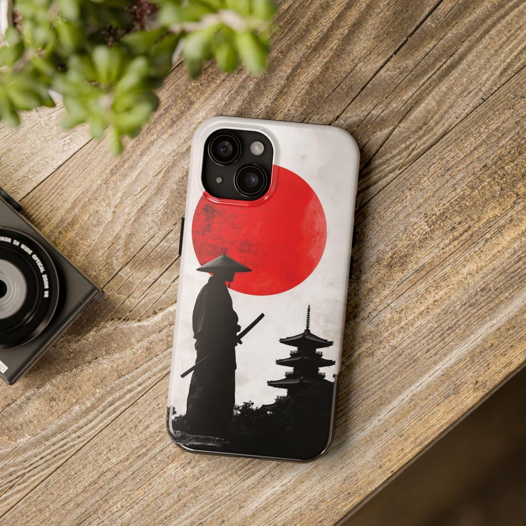 Samurai Phone Case, Japanese Warrior Tough Protective Cover, Red Moon ...
