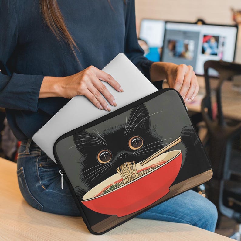 Cat Laptop Sleeve, Black Cat Eating Ramen Computer Sleeve, MacBook ...