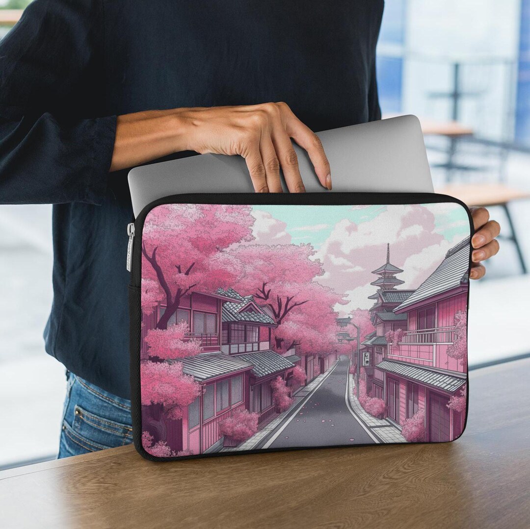 Pink Japanese Cherry Blossom Laptop Sleeve, Pink Anime Laptop Bag ...