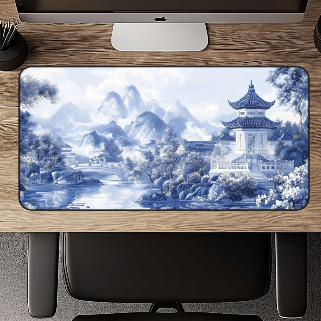Chinoiserie Desk Pad, Desk Mat & Extra Large Mouse Pad, Floral Blue ...