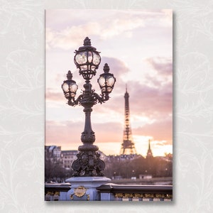 Paris Photo on Canvas, Mauve Evening, Street Lamp, Eiffel Tower, Bridge ...