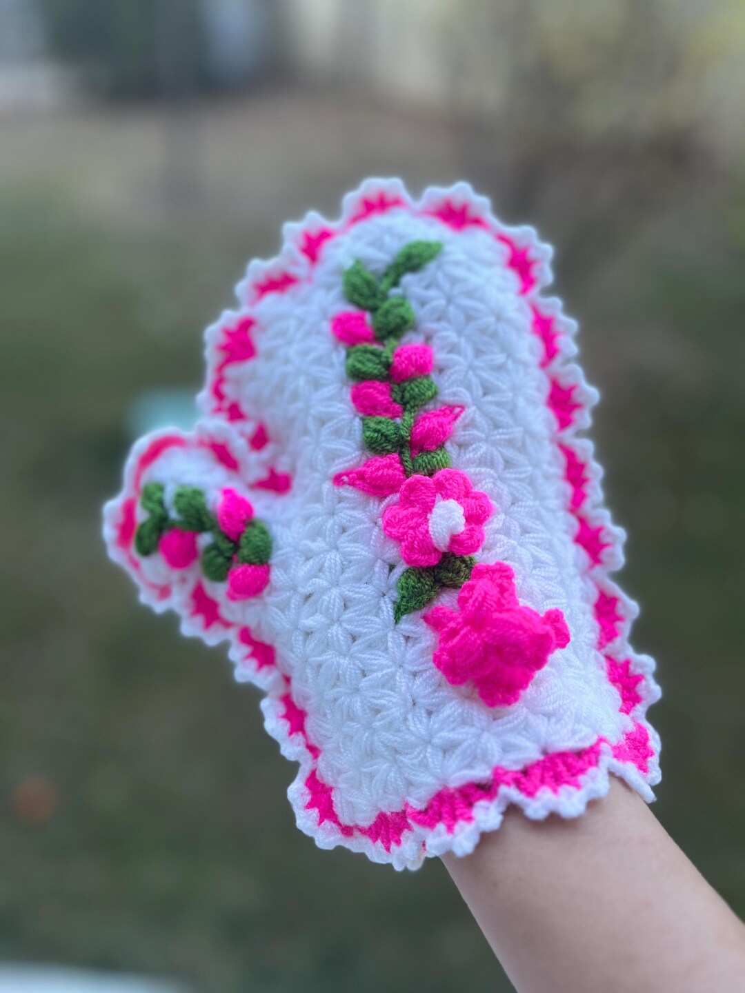 Bright Pink Floral Bath Sponge in Glove Shape, Turkish Handmade Bath ...
