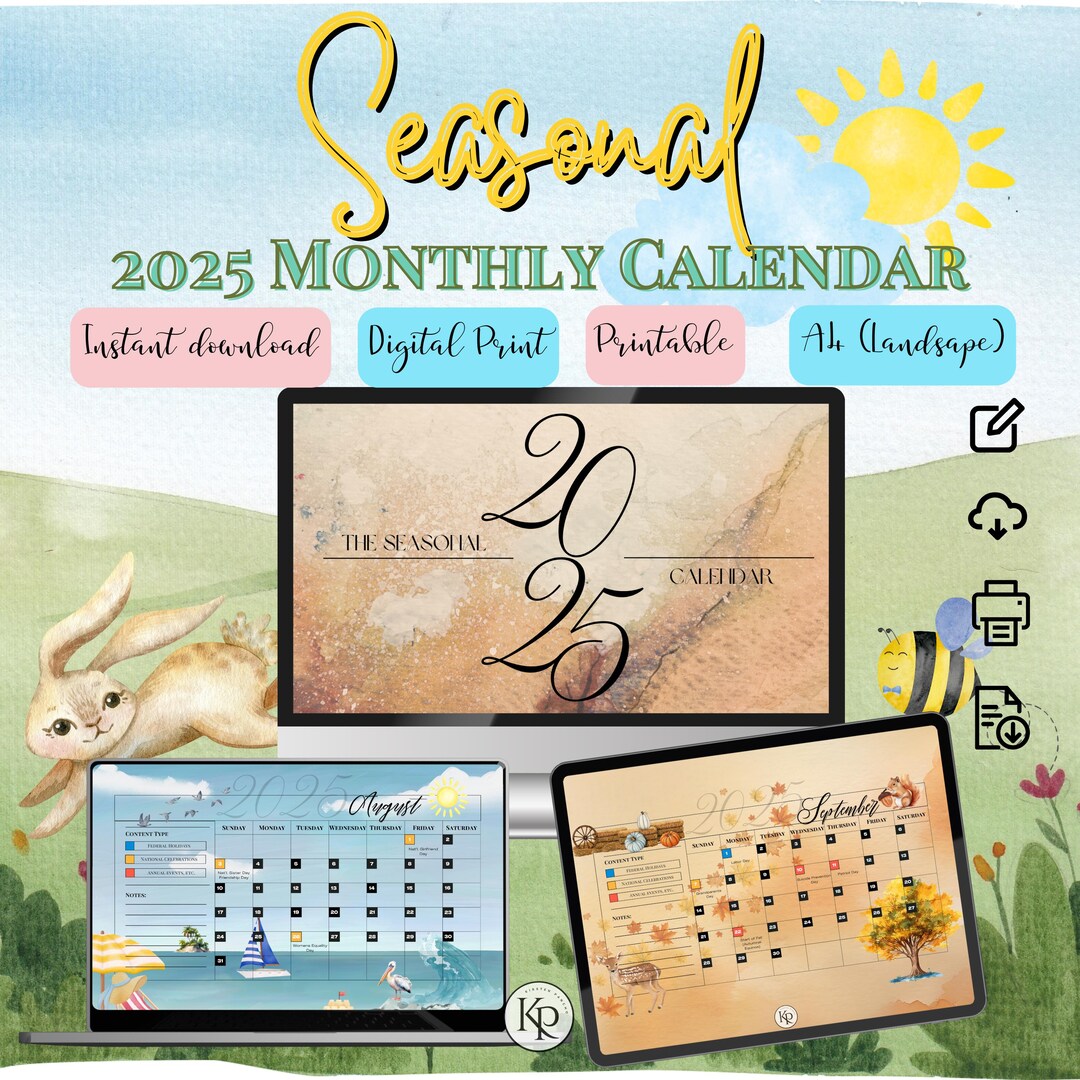 2025 Printable Monthly Calendar Seasonal Theme 11 X 8.5 Inch Calendar ...