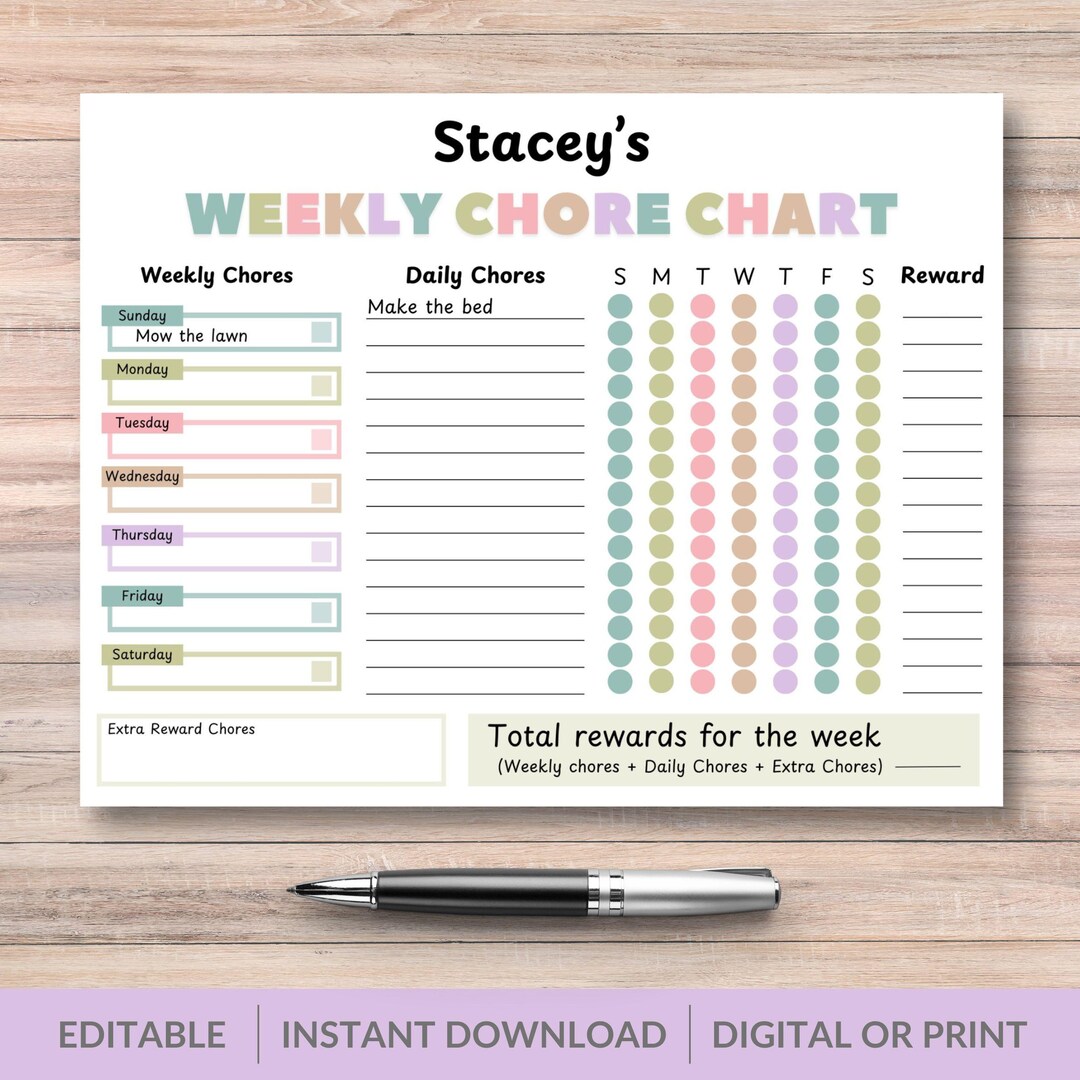 Weekly Chore Chart | Task Chart | Instant Download | Reward Chart ...
