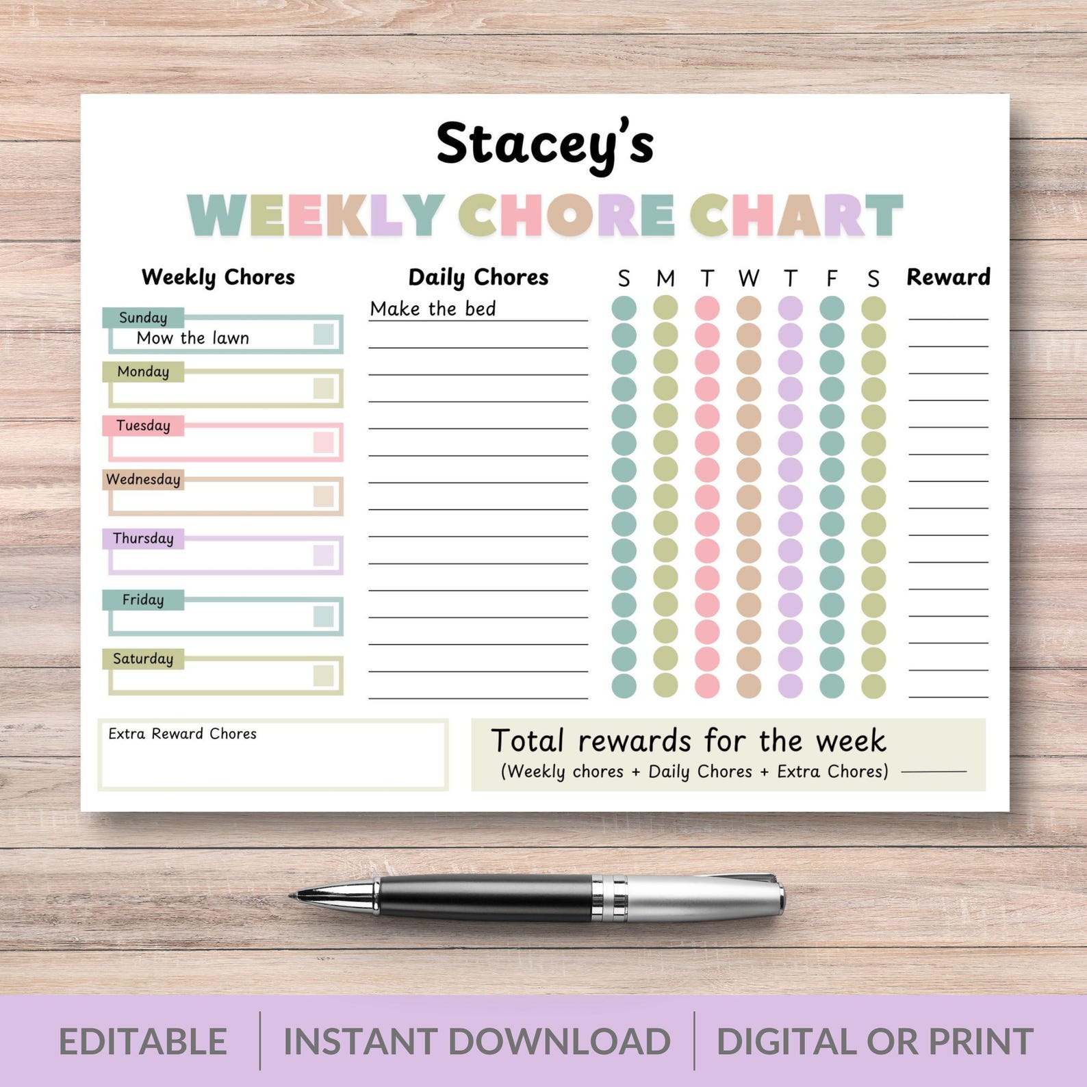 Weekly Chore Chart | Task Chart | Instant Download | Reward Chart ...