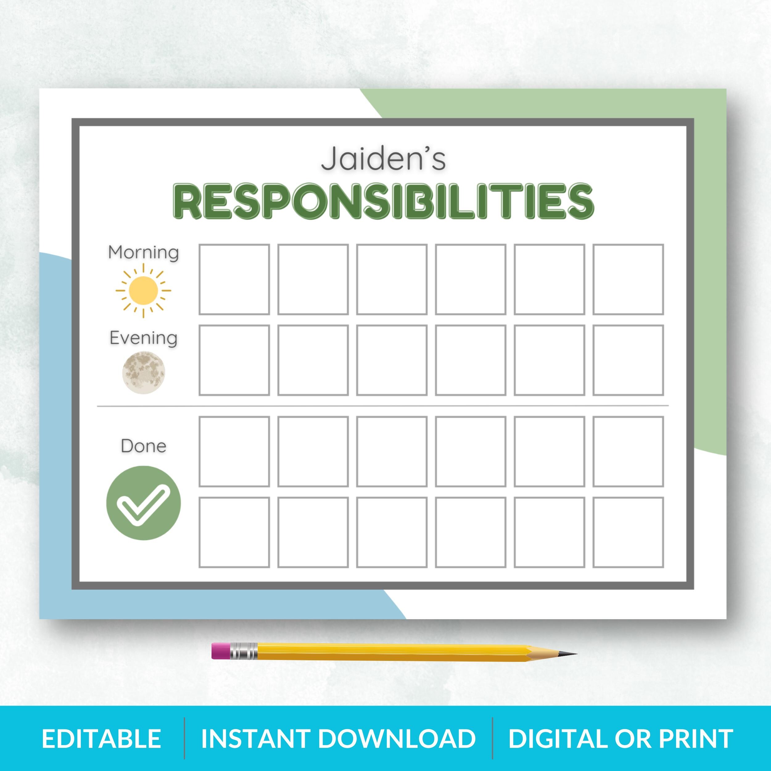 Kids Daily Responsibilities Chart | Customizable | Children's Colorful ...