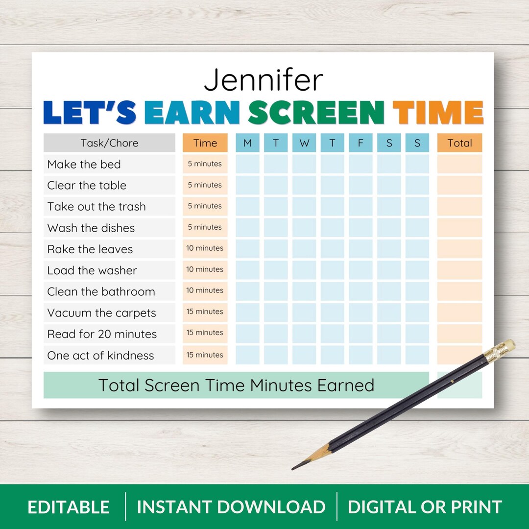 Screen Time Chore Chart: Editable Summer Checklist (digital Download ...