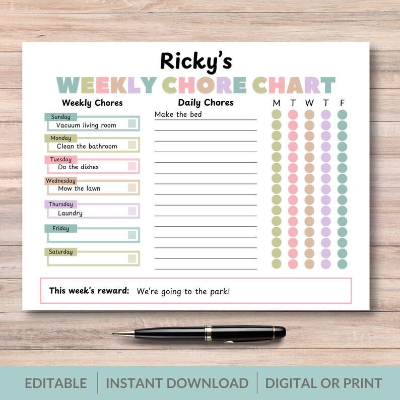 Weekly Chore Chart | Task Chart | Instant Download | Reward Chart ...