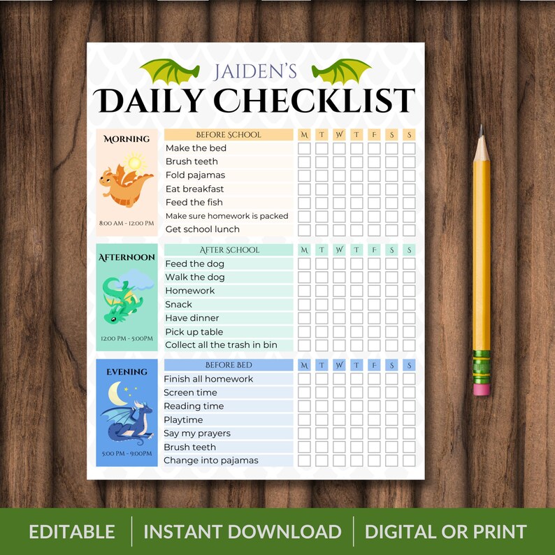 Kids Dragon Daily Routine Checklist | You Can Do It | Positive ...