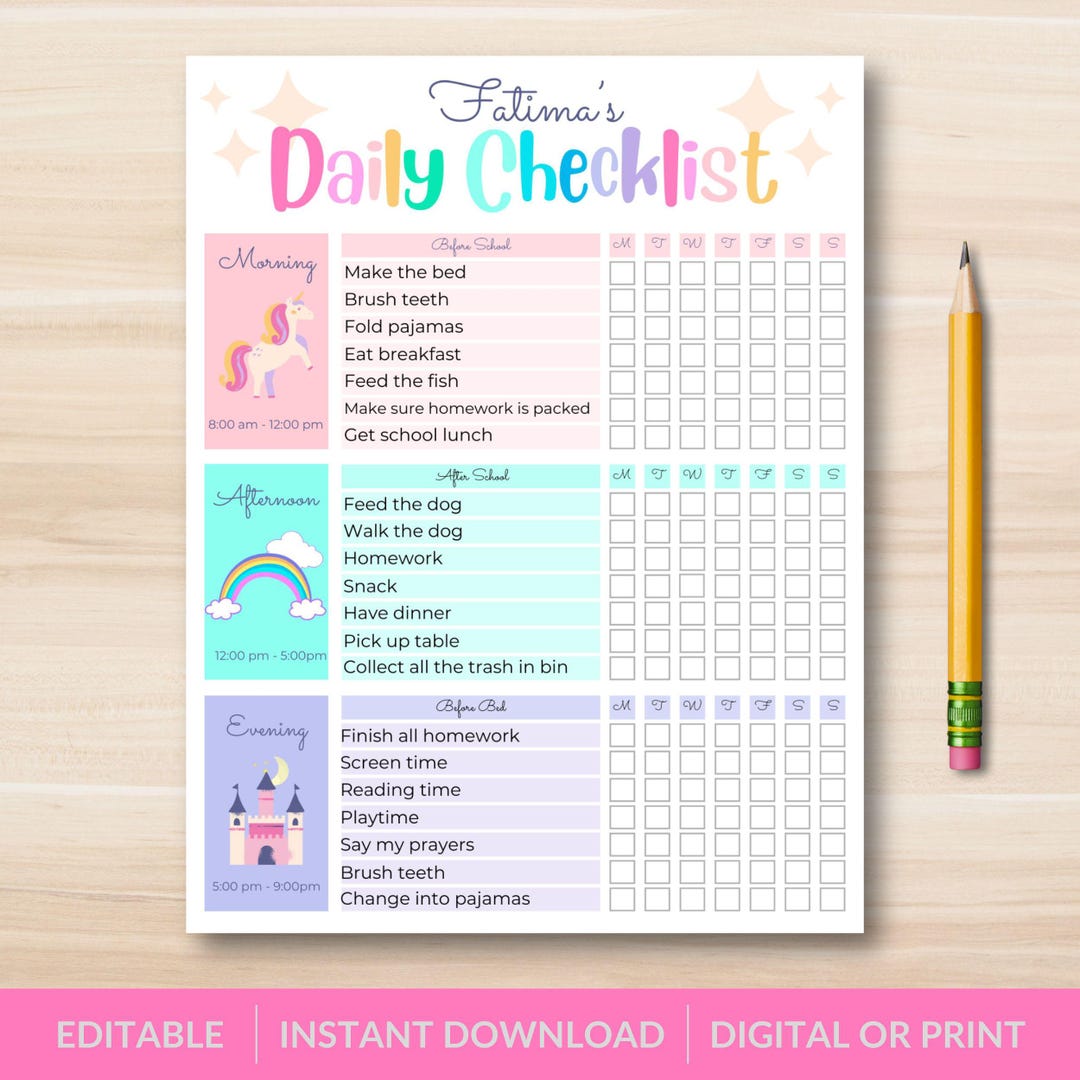 Kids Unicorn Daily Routine Checklist | You Can Do It | Positive ...