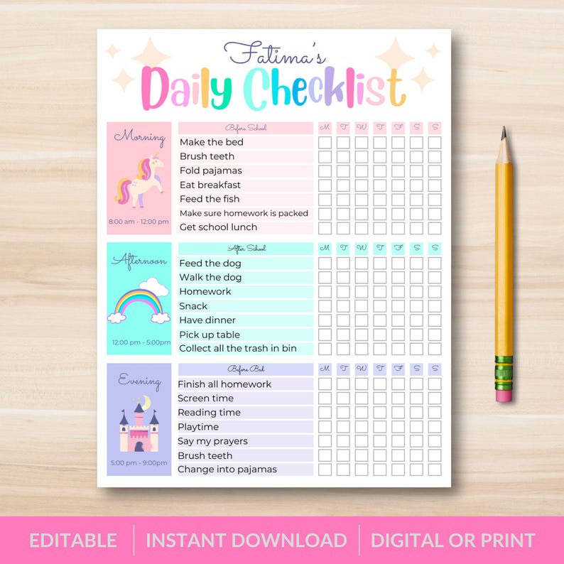 Kids Unicorn Daily Routine Checklist | You Can Do It | Positive ...