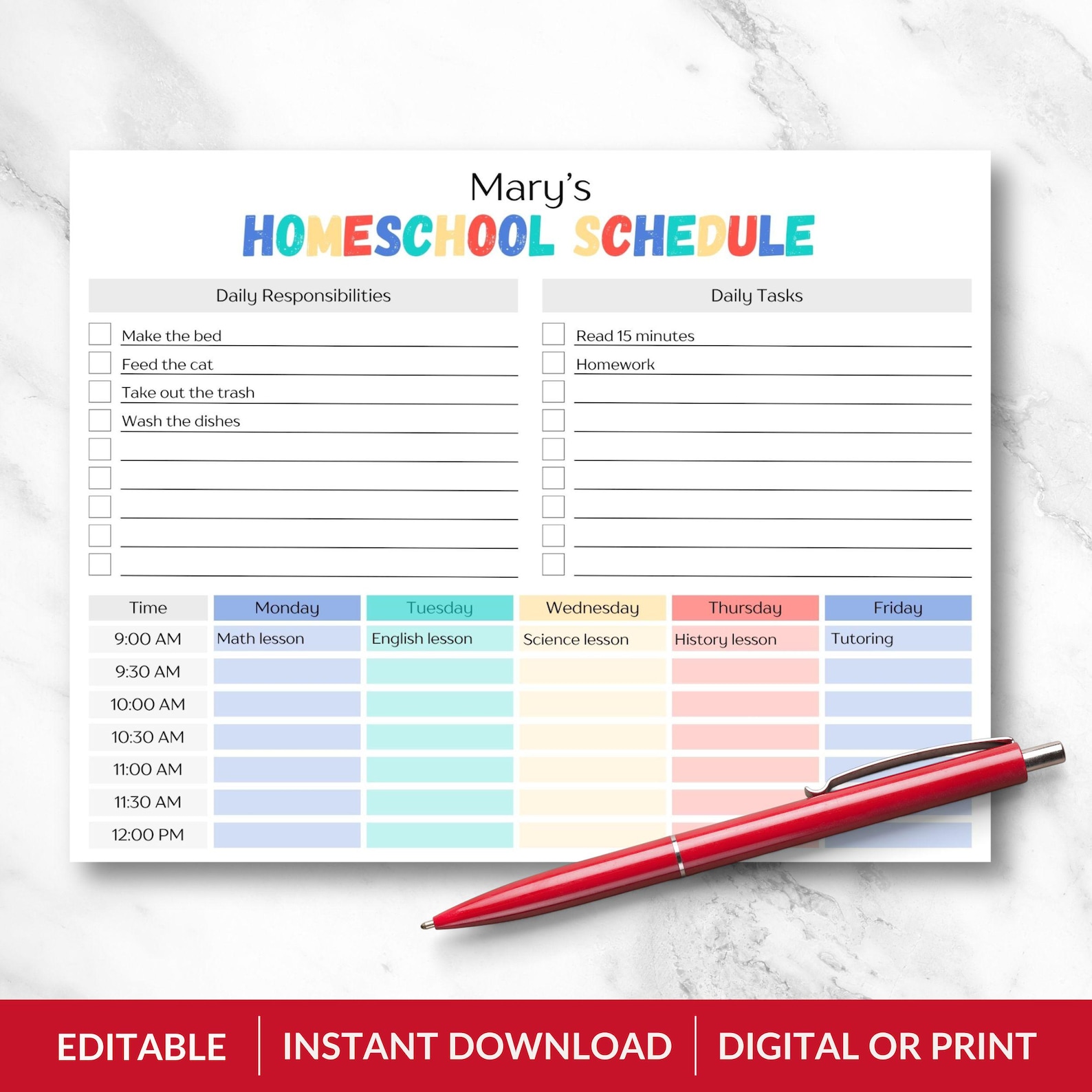 Editable Homeschool Schedule Template: Colorful Daily Planner (digital ...