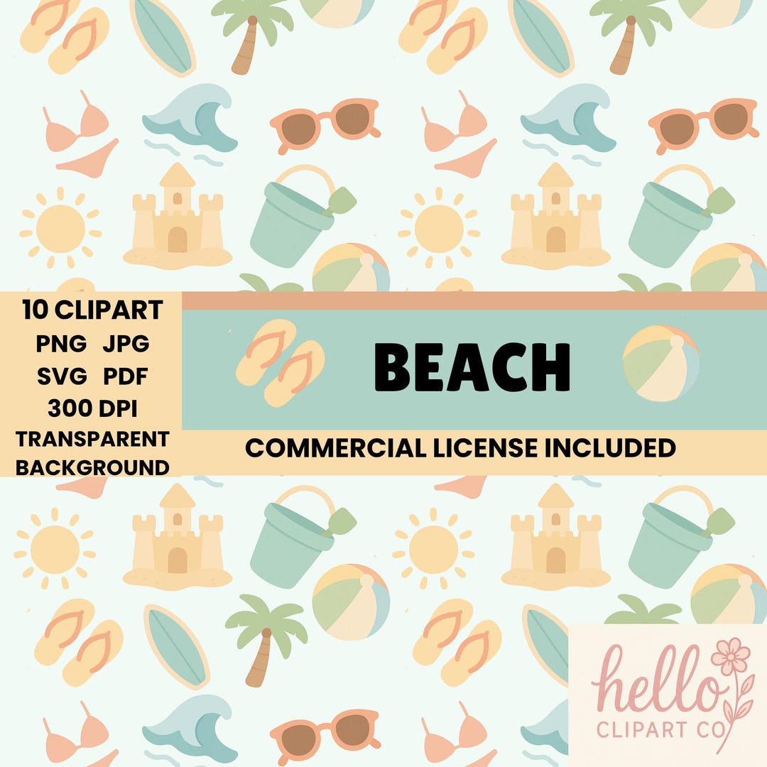 Beach Clipart Set – 10 Summer Png, Jpg, Svg, PDF Files | Tropical ...