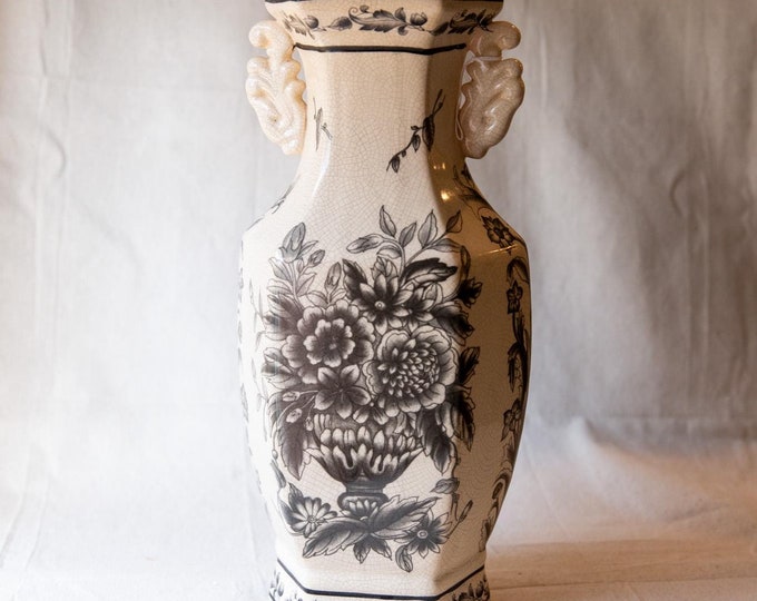 Chinese Chinoiserie Transferware Large Vase in Cream and Black - Etsy