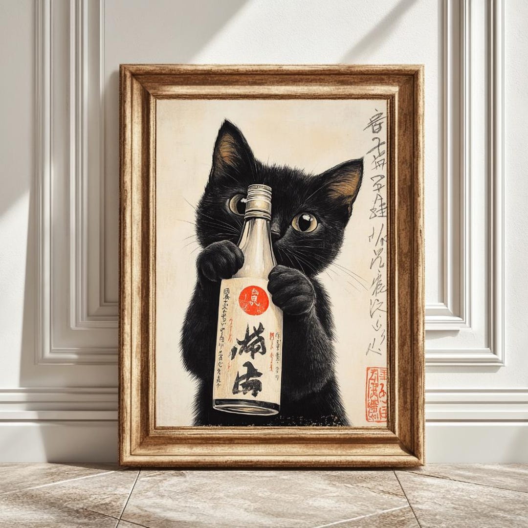 Vintage Black Cat Holding a Sake Digital Art Print, Wall Art, Animal ...