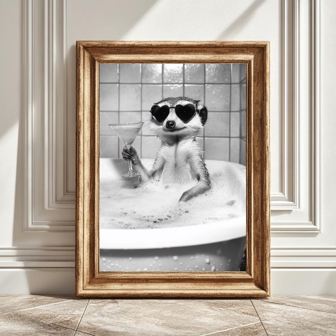 Meerkat Print, Bathroom Decor, Meerkat Drinking Champagne, Meerkat in ...