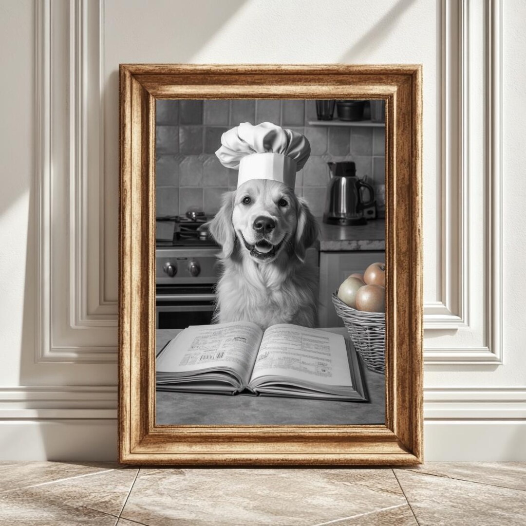 Golden Retriever Kitchen Wall Art Print, Dog Chef Hat Wall Decor, Black ...