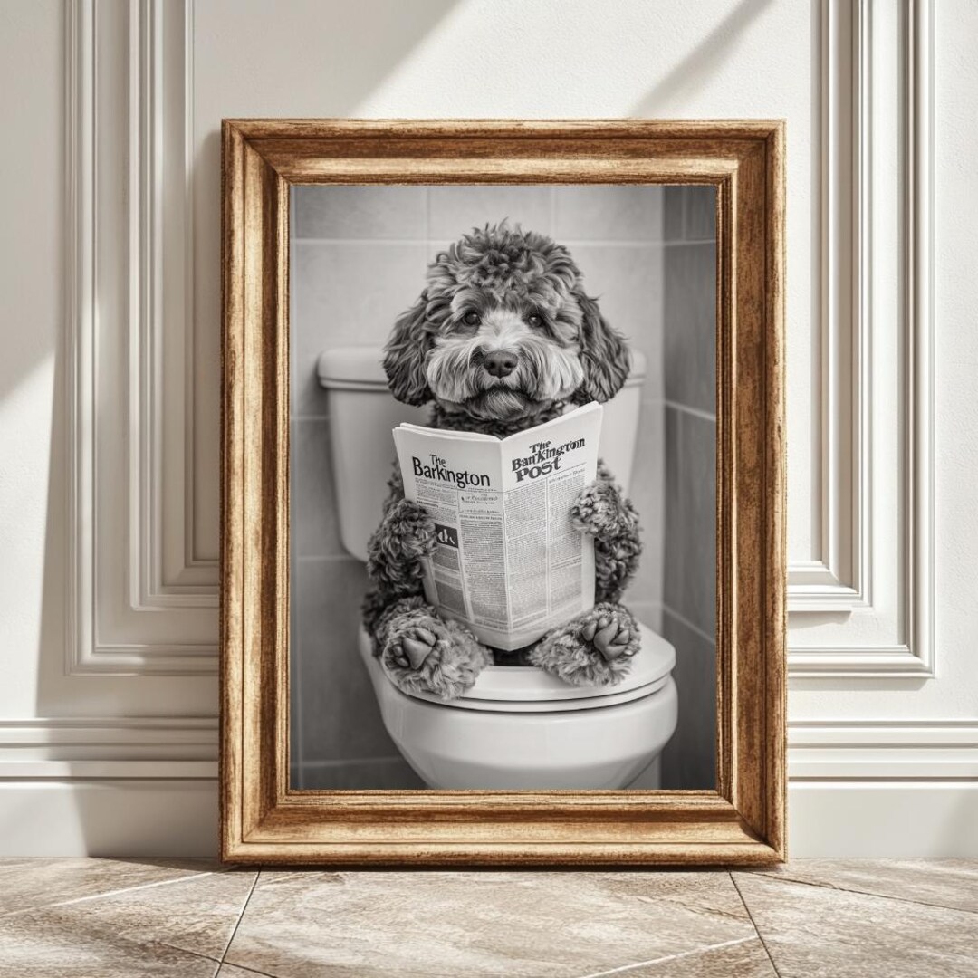 Cockapoo Dog on Toilet Reading Newspaper, Black and White Digital Art ...