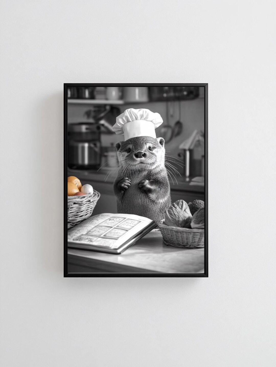 Otter Chef Hat Kitchen Print, Black White Digital Art, Cute Otter Lover ...