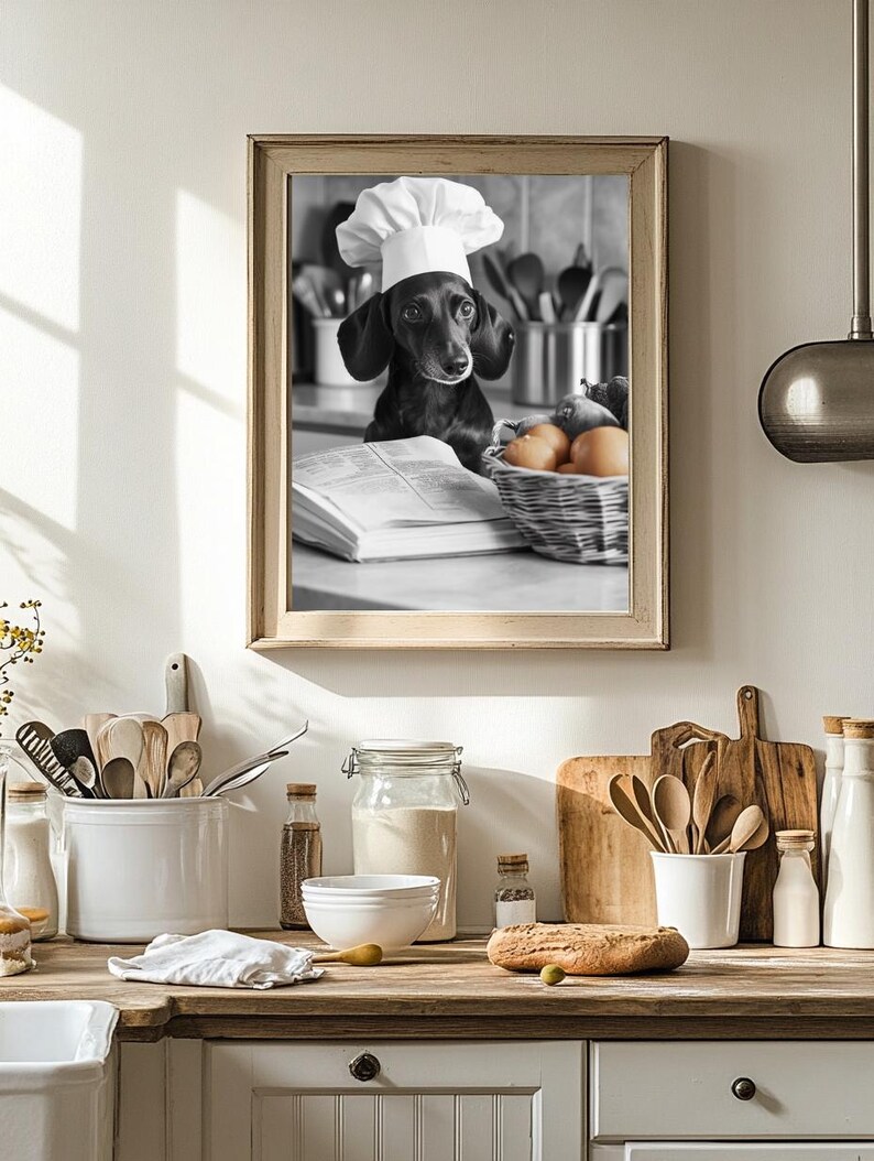 Dachshund Chef Kitchen Print, Black and White Dog Art (digital Download ...