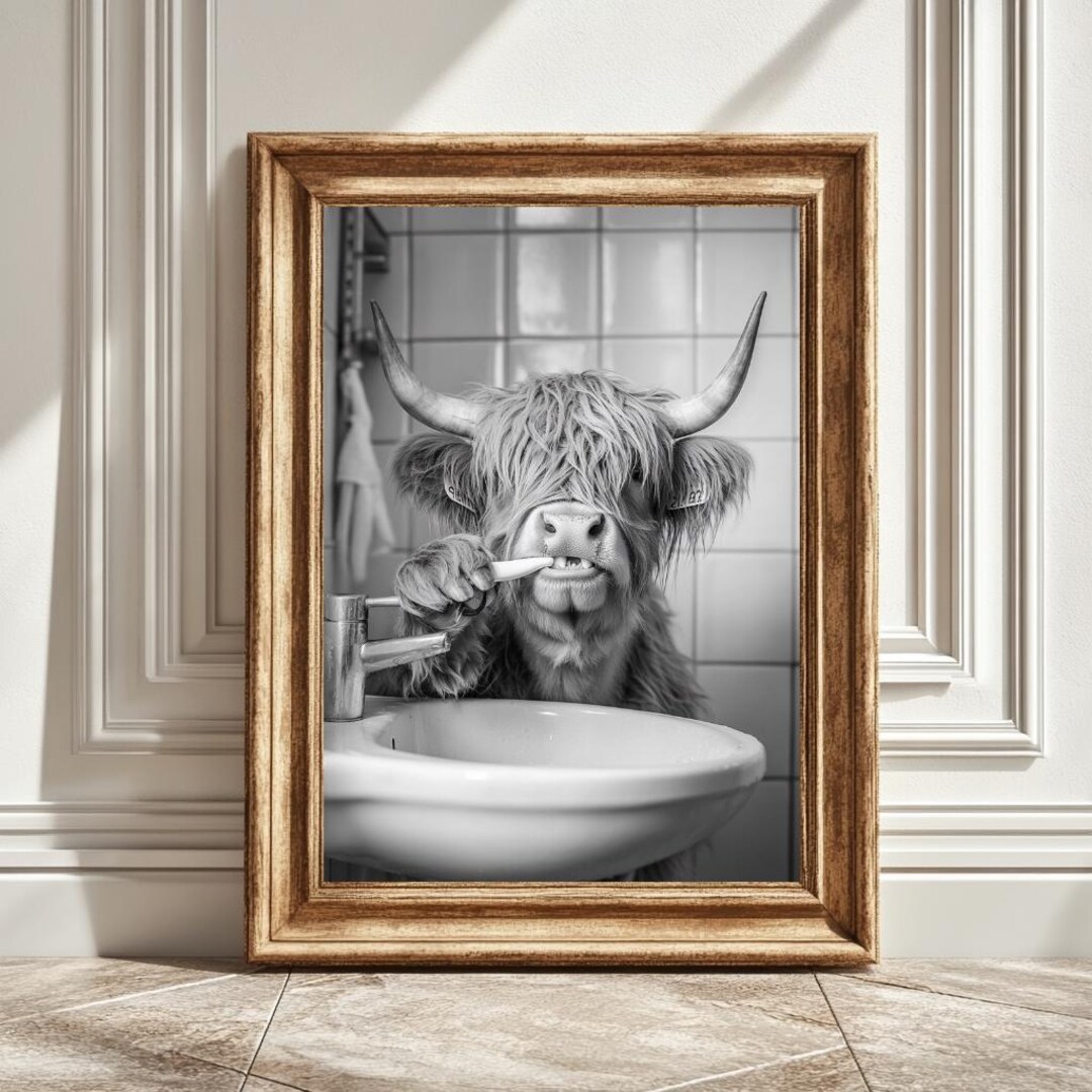 Highland Cow Brushing Teeth, Digital Art Print, Whimsical Cow Art ...