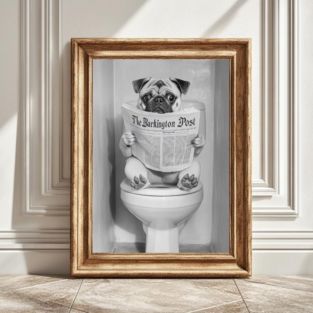 Pug Print, Funny Bathroom Decor, Pug on Toilet, Black and White Pug ...
