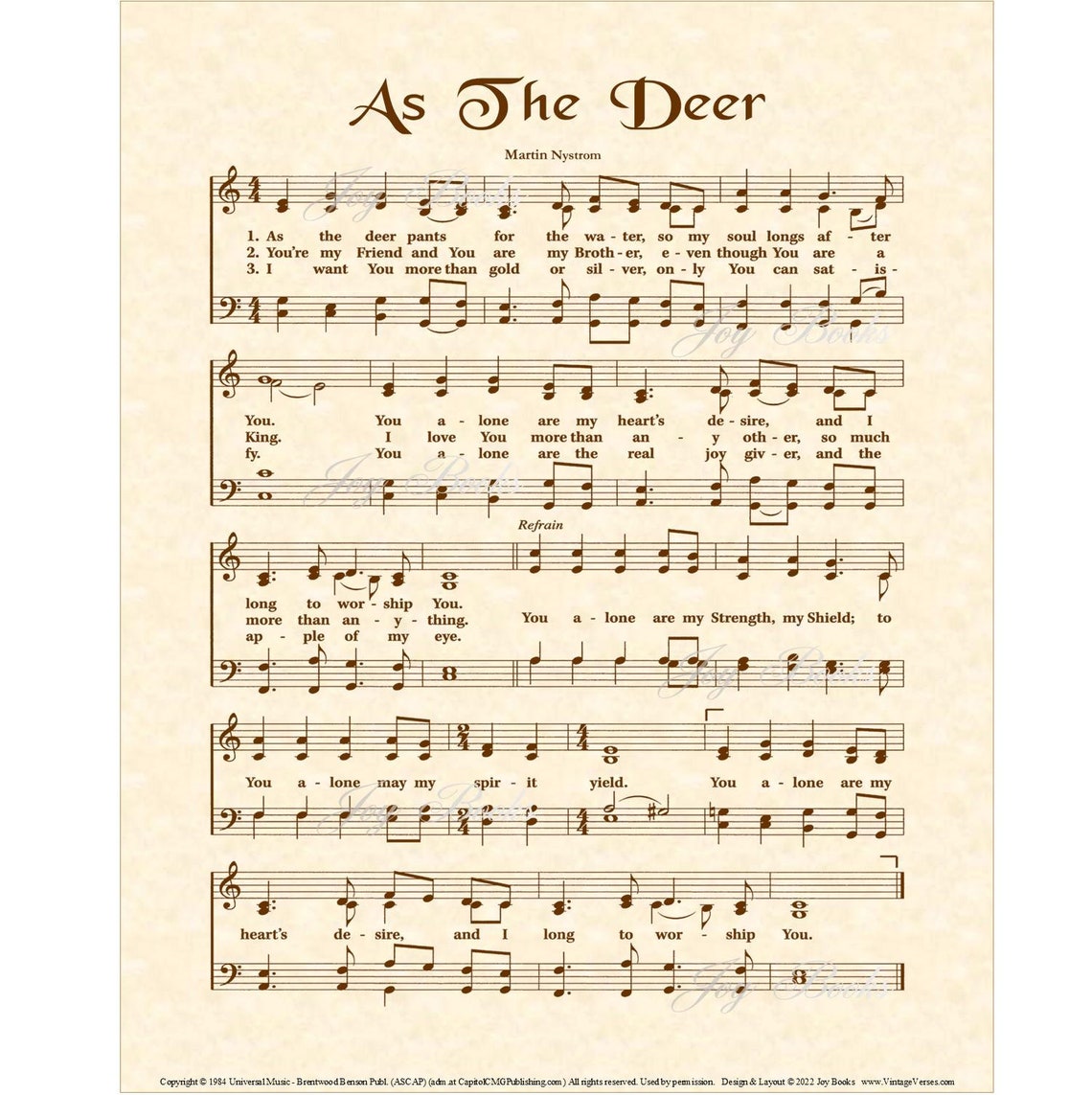 AS THE DEER Hymn on Parchment Christian Home & Office Decor Vintage ...