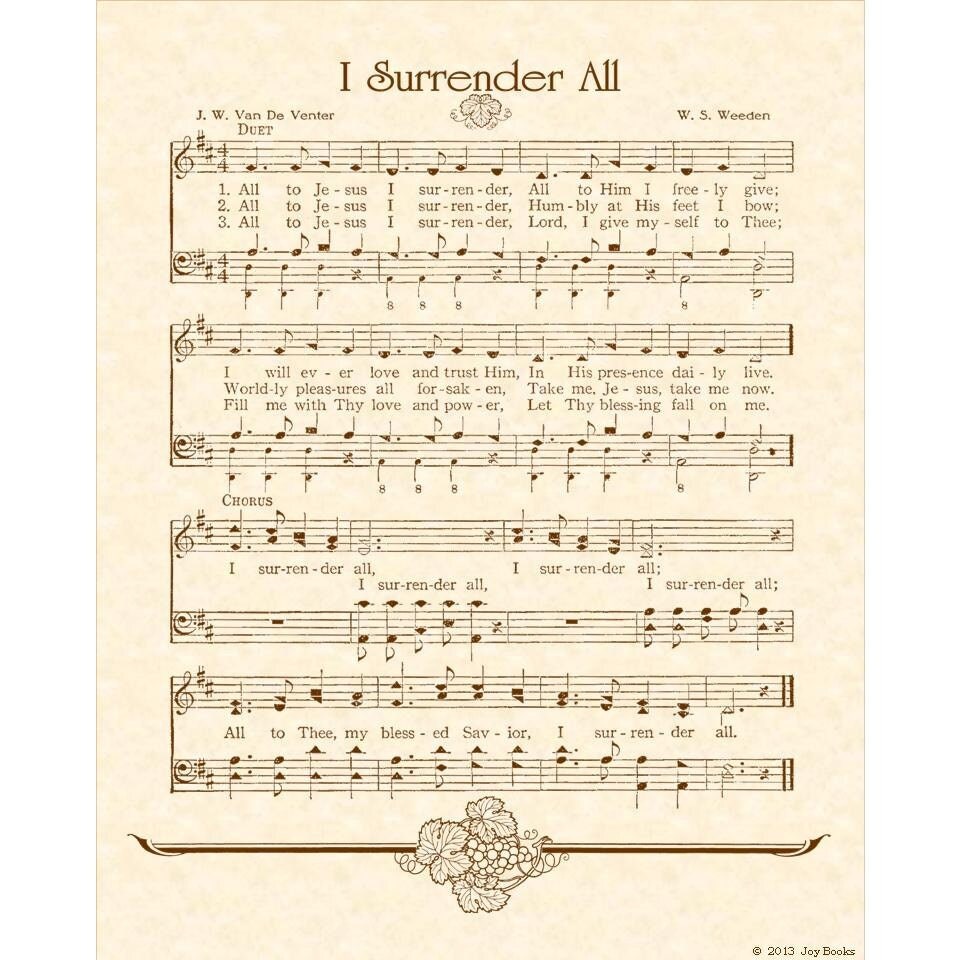 I SURRENDER ALL Hymn on Parchment Wall Art Christian Home & Office ...