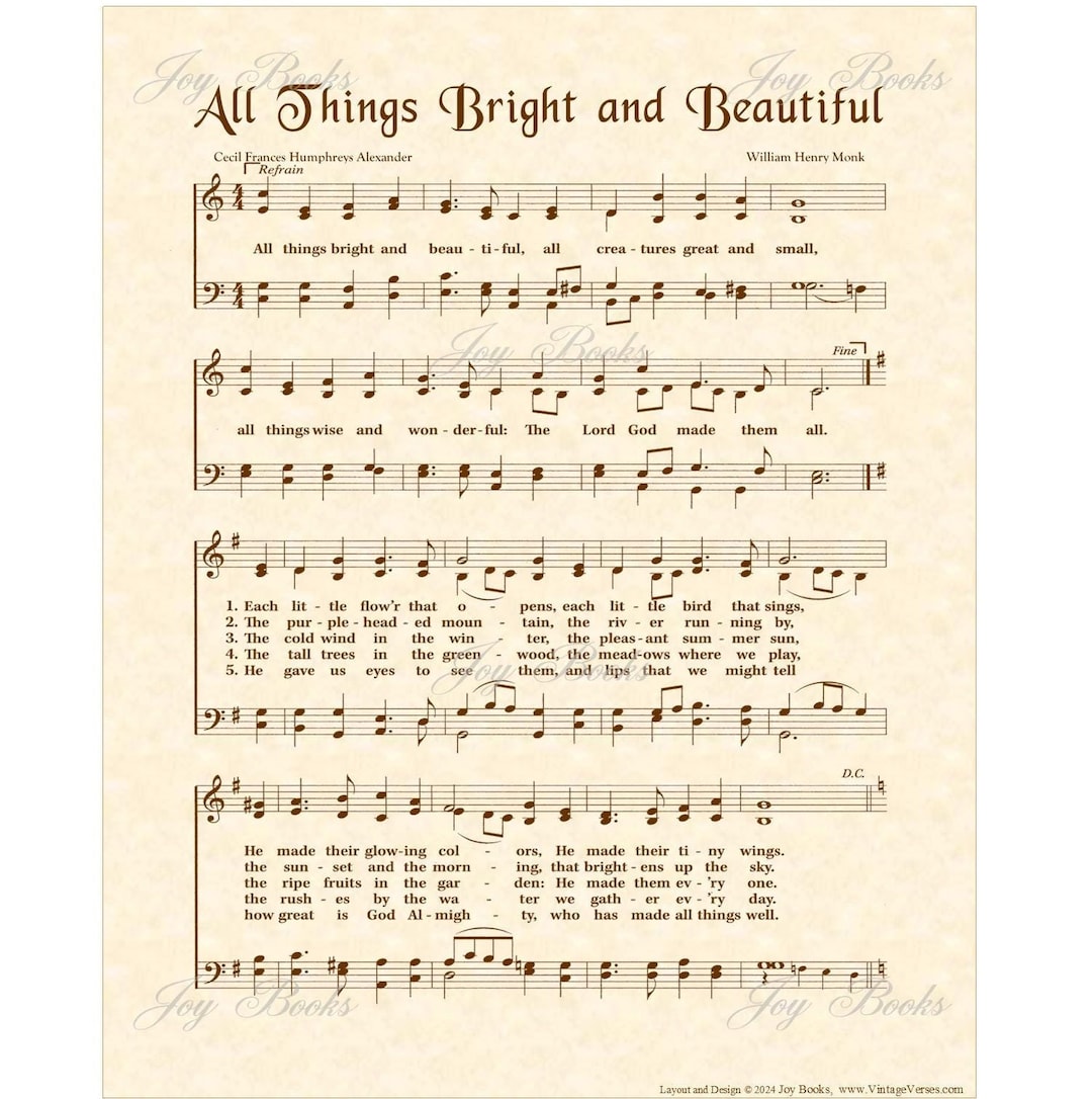 All Things Bright and Beautiful Hymn on Parchment Wall Art Christian ...