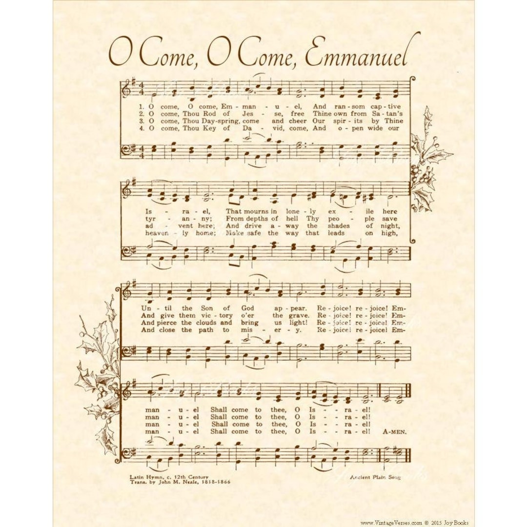 O Come O Come Emmanuel Christian Home & Office Decor Hymn on Parchment ...